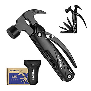 WORKPRO Multitool-12 in 1 Camping Tools with Mini Hammer-EDC Gear Multi Tools Hammer with Safety Lock and Pouch-Mini Multitools Gifts for Men and Women