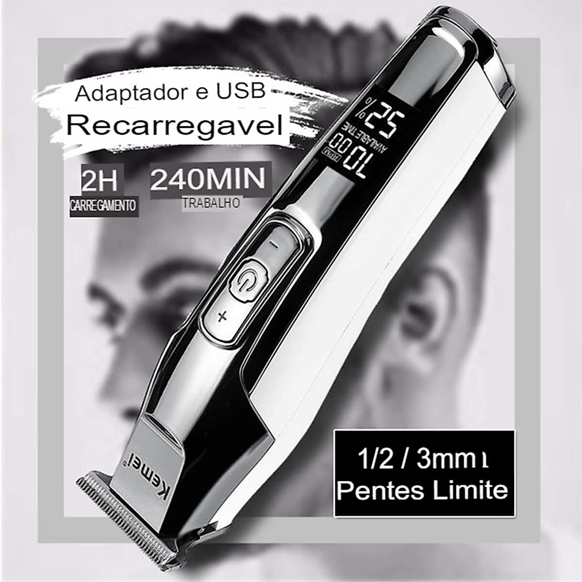 KEMEI Mens Clipper Cordless Barber Professional Hair Clipper LCD Display 0mm Baldheaded Beard Cutter Electric Haircut Machine USB Rechargeable