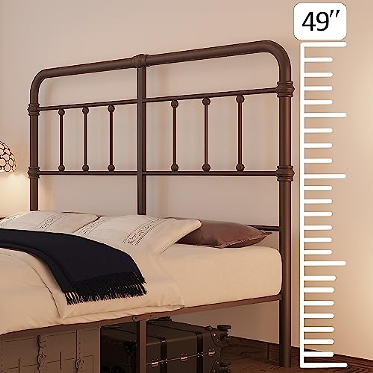 Macbimony Cal-King-Bed-Frame with headboard Giselle-Vintage Antique-Metal - Iron Platform Mattress Foundation,49 inch High,No Box Spring Needed(Brown)