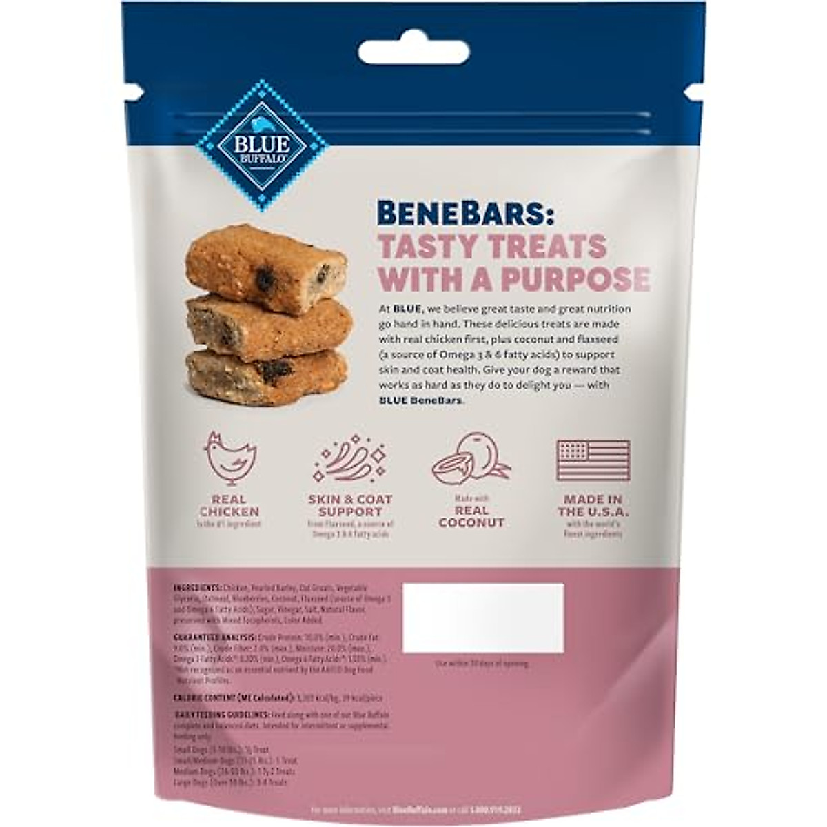 Blue Buffalo BeneBars Skin & Coat Support Dog Treats with Omega 3 & 6 Fatty Acids, Made with Natural Ingredients, USA Chicken & Coconut, 9-oz. Bag