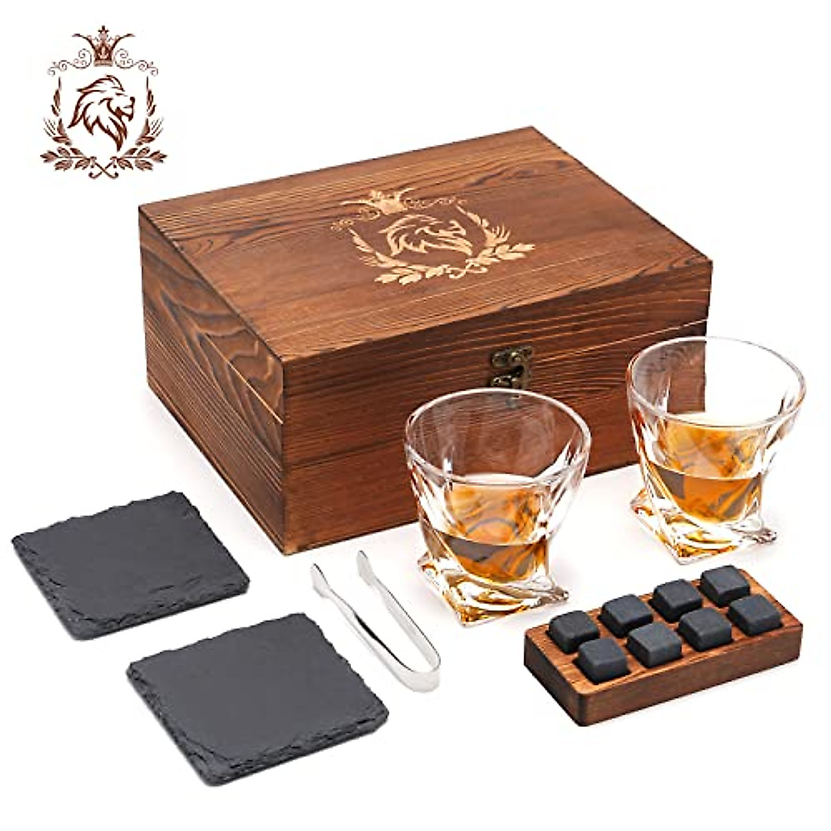 Whiskey Stones Gift Set for Men, Jewelvwatchro Whiskey Glasses Set in Wooden Box, 8 Basalt Chilling Rocks & 2 Scotch Glasses for Dad, Husband