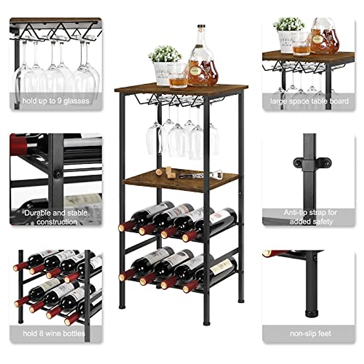 Vrisa Wine Rack Freestanding Floor 8 Bottles Wine Rack with 9 Glass Holder Metal Wine Storage with Wood Table Top for Home Kitchen Dining Room Cellar Rustic Brown