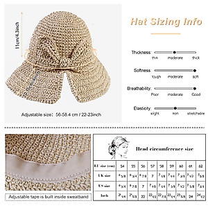 Foldable Wide Brim Floppy Straw Beach Sun Hat,Summer Cap with Bowknot for Women Girls,Strap Adjustable (1 Pack Beige)