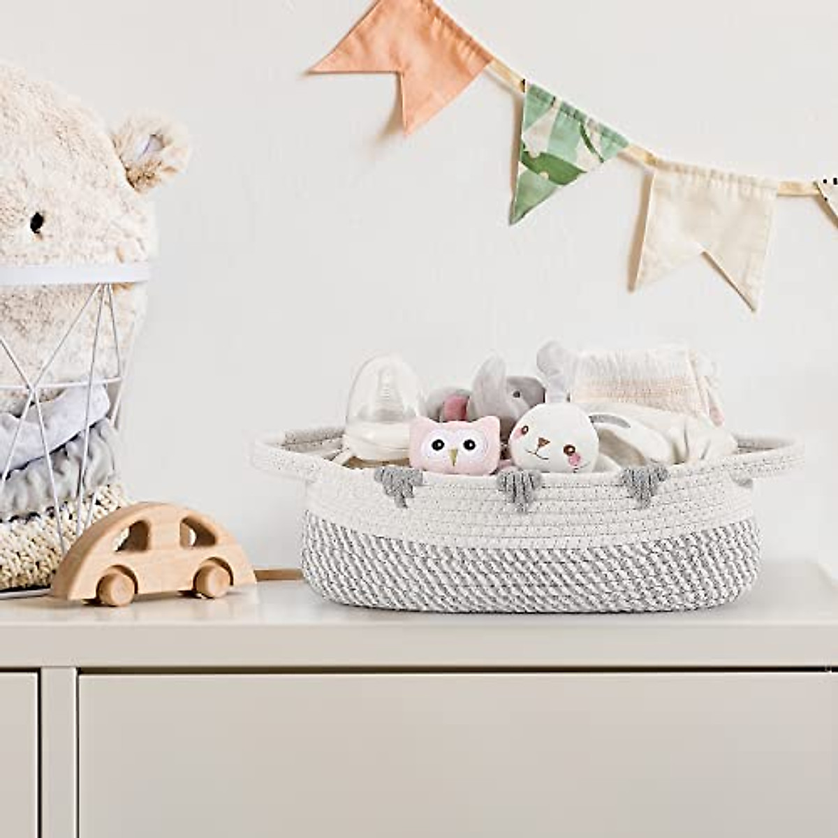 Luxspire Boho Storage Basket, Toilet Paper Basket, Handmade Cotton Rope Woven Basket Toilet Paper Storage Bins Small Organizer with Handle for Bedroom Nursery Bathroom, 13.4" x 6", White + Gray