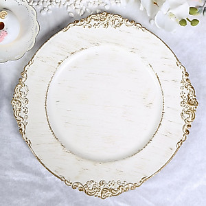 Efavormart 6 Pack White 13" Round Baroque Charger Plates Leaf Embossed Antique Gold Rim for Tabletop Decor Catering Event