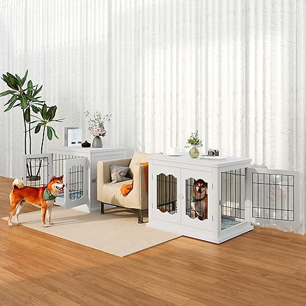 4NM Furniture Style Dog Crate with Cushion, Dog Kennel, Dog Cage for Small Medium Dogs, Indoor Aesthetic Puppy Kennel, Chew-Proof Metal Bars,Pretty Cute End Side Table Nightstand- White