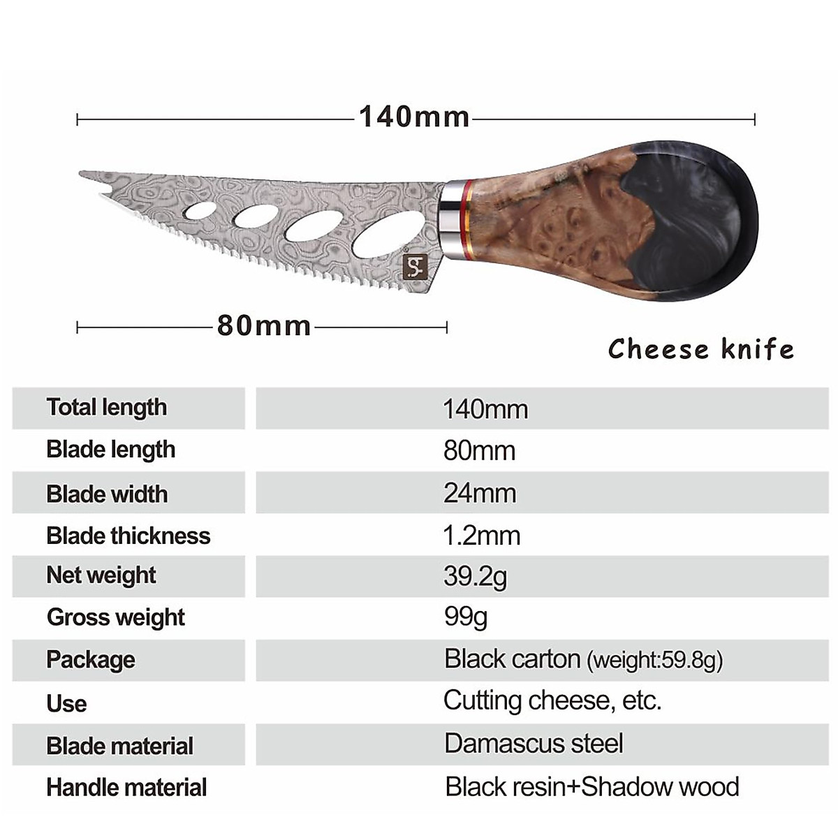 yq Upgrade Damascus Cheese Knife for Charcuterie Board, Multipurpose Pronged Knife Small Cheese Cutter,Beautiful Black Resin and Shadow Wooden Handle,Gift Box