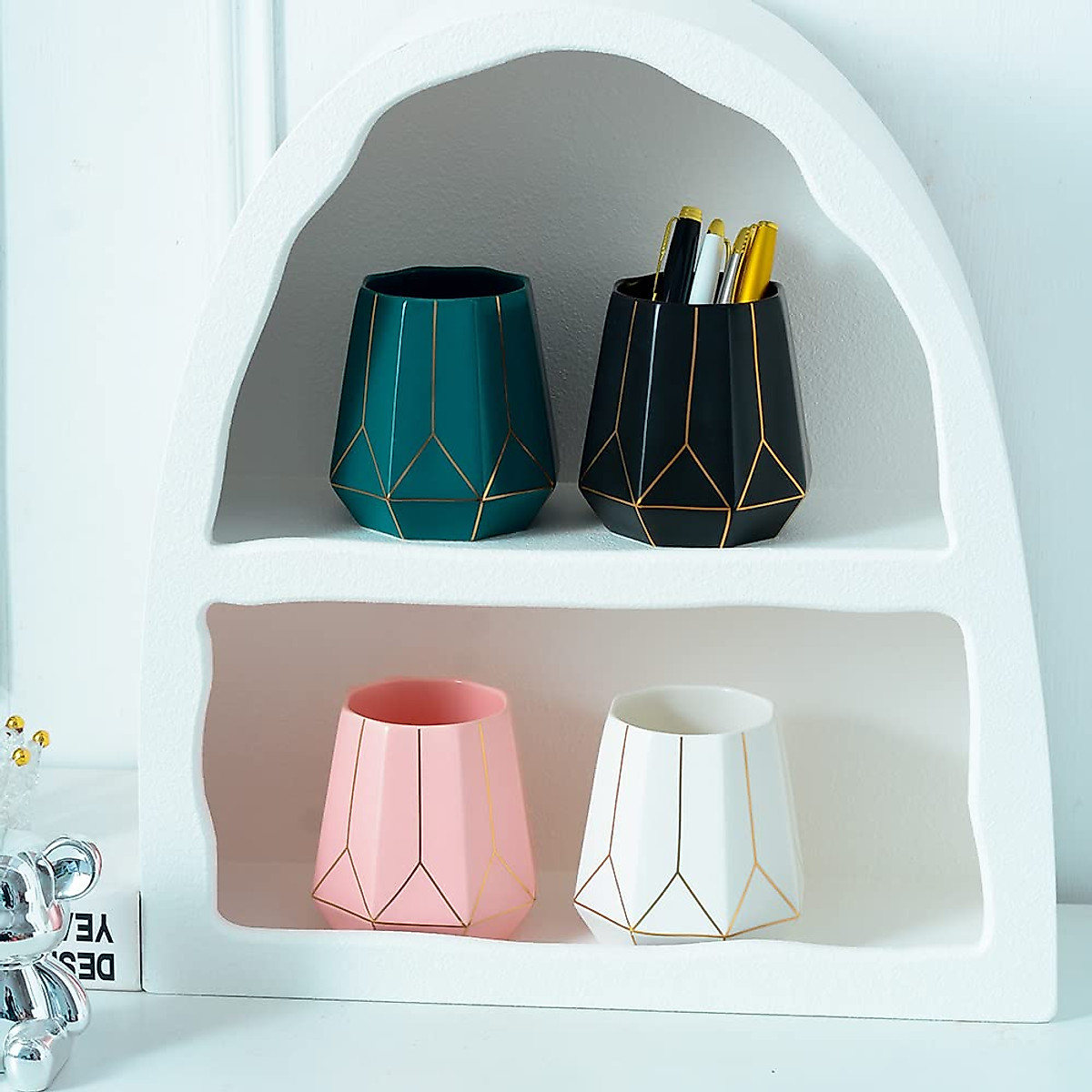 YOSCO Ceramic Desk Cute Pen Holder Stand Gold Line Pencil Cup Pot Desk Organizer Makeup Brush Holder (B-Dark Green)