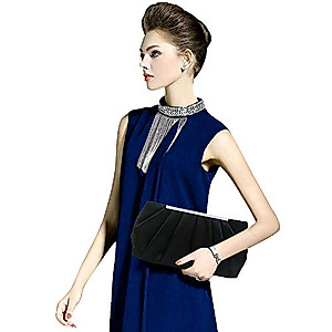 Tanpell Pleated Satin Evening Handbag Women Formal Clutch with Detachable Chain for Wedding Cocktail Party (Black)