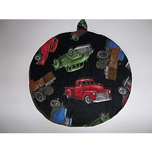 Pot Holders Heat Resistant Classic Pickup Trucks Red and Multi Colored Potholders Handmade Double Insulated Quilted Hot Pads Trivets 9 inches Round
