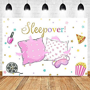 Mocsicka Sleepover Party Backdrop Sleepover Pajamas Pillow Fight Pink Girl Party Decorations Slumber Party Banner Photography Background Cake Table Studio Props (5x3ft)