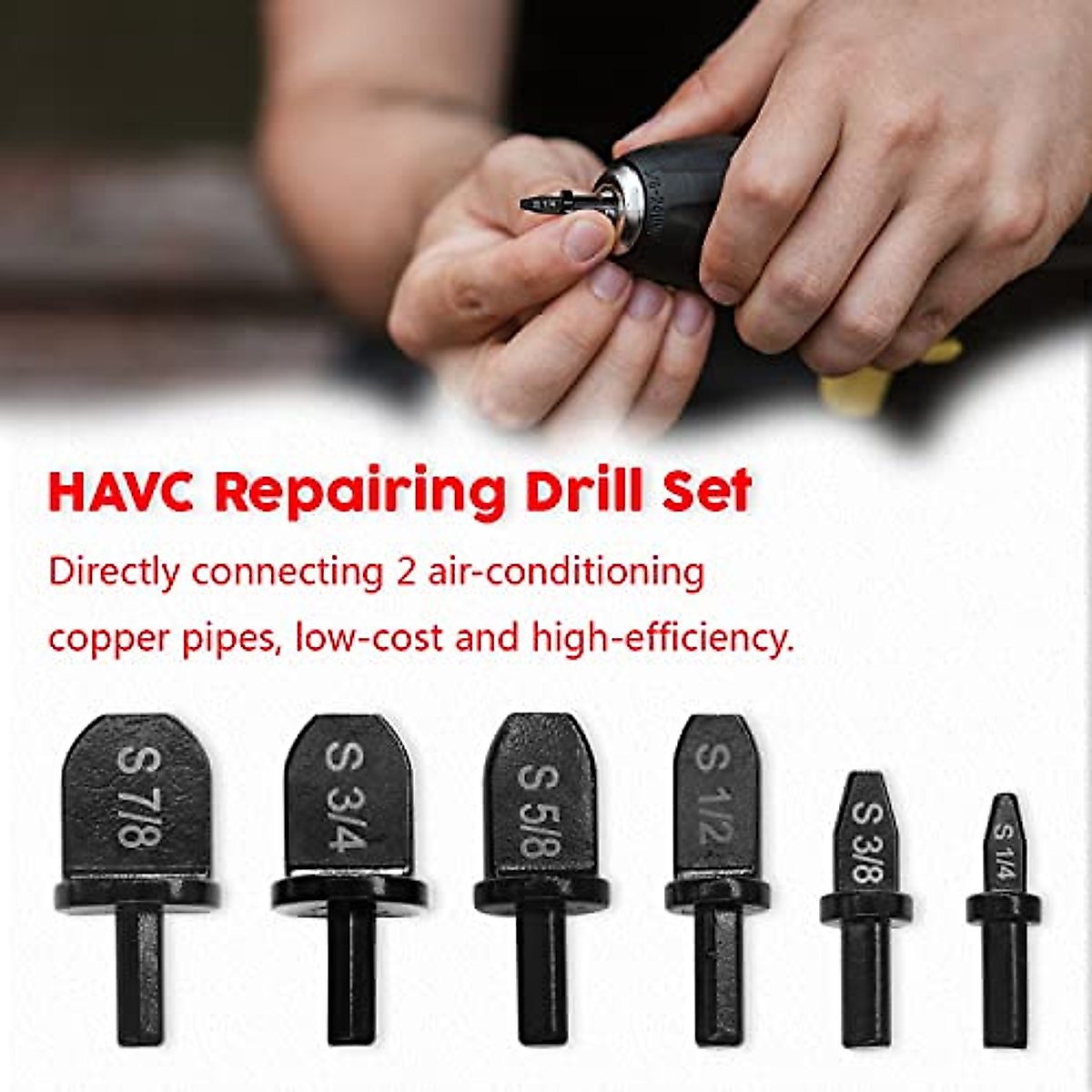 HVAC Tools Drill Bit Set, Air Conditioner Copper Pipe Expander Swaging Tool, Copper Tube Flaring Tool Spin Bit Set, 6 Pcs Bit Kit Includes 1/4'', 3/8'', 1/2'', 5/8'', 3/4'', 7/8'' Bits