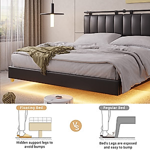 DICTAC Full Floating Bed Frame with Led Lights and Wall Mounted Headboard Modern Full Size LED Low Profile Platform Bed Frame Faux Leather Upholstered Platform Bed Frame,No Box Spring Needed,Black