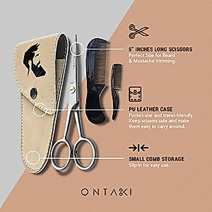 ONTAKI 2 Scissors Pack - 1 Japanese Steel Mustache Scissors Barber Salon Beard Scissor - 1 ONTAKI Professional German Steel Beard & Mustache Barber Scissors With Comb - Perfect Trimming Scissors