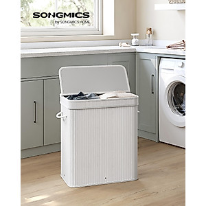 SONGMICS Laundry Hamper with Lid, Bamboo Laundry Basket, Removable Machine Washable Laundry Basket, with Handles, 26.4-Gallons, for Laundry Room, Bedroom, Bathroom, Cloud White ULCB063W01