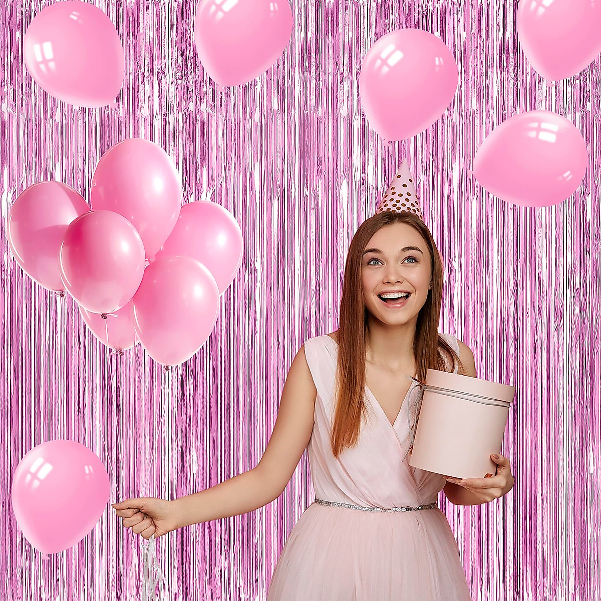 MEEZY 3Pack 3.2ft x 8.2ft Pink Foil Fringe Curtains Backdrop Metallic Foil Tinsel Streamers with Pink Balloons for Bachelorette Baby Shower Wedding Birthday Bridal Shower Party Decorations