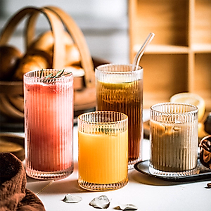 POLIDREAM Drinking Glasses with Origami Style Set of 4 Glass Cups, 12 oz Ribbed Glassware, Highball Glass Cups, Elegant Art Deco Ripple Vintage Glassware, Juice Glasses, Ideal for Cocktail, Beer