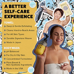 GOSHI Exfoliating Shower Towel and Super Vitamin Body Wash for Women and Men - Exfoliating Bath Set for All Skin Types