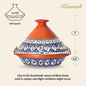 Kamsah Hand Made and Hand Painted Tagine Pot | Moroccan Ceramic Pots For Cooking and Stew Casserole Slow Cooker (Medium, Supreme Bohemian Blue)