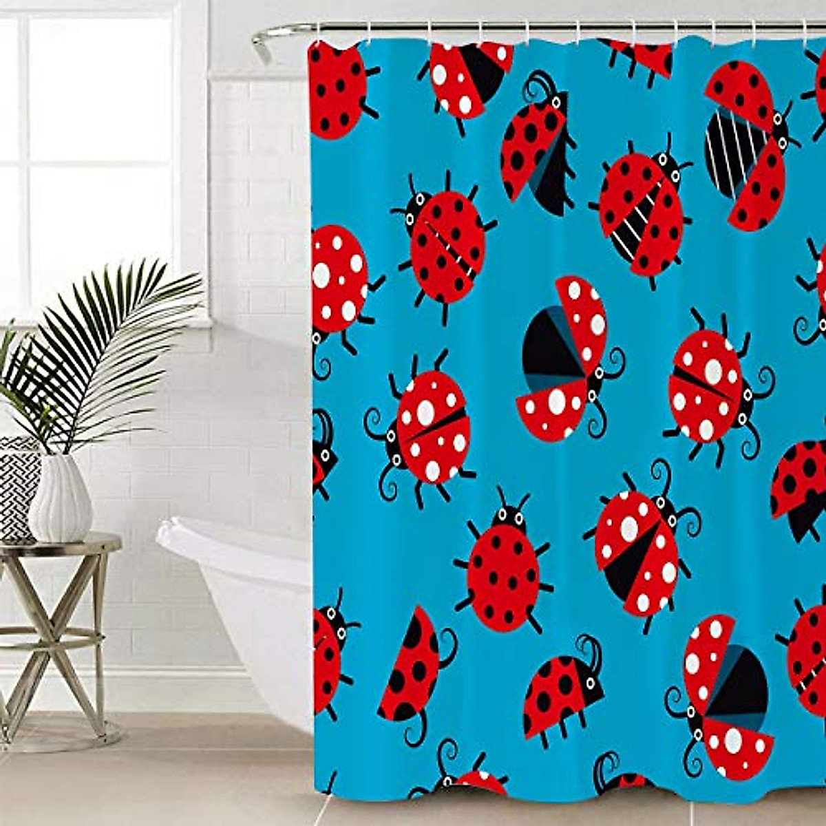 4 Piece Shower Curtain Sets Cute Ladybug Red Black Carapace Insect Dense Animal Blue Non-Slip Rug, Toilet Lid Cover, Bath Mat Waterproof Shower Curtain Bathroom Sets with 12 Hooks Bath Decor