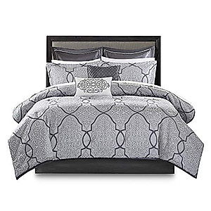 Madison Park Lavine Cozy Bed in a Bag Comforter Set, Traditional Luxe Jacquard Design All Season Down Alternative Bedding with Cotton Bed Sheets, Bed Skirt & Pillows, Queen Silver 12 Piece