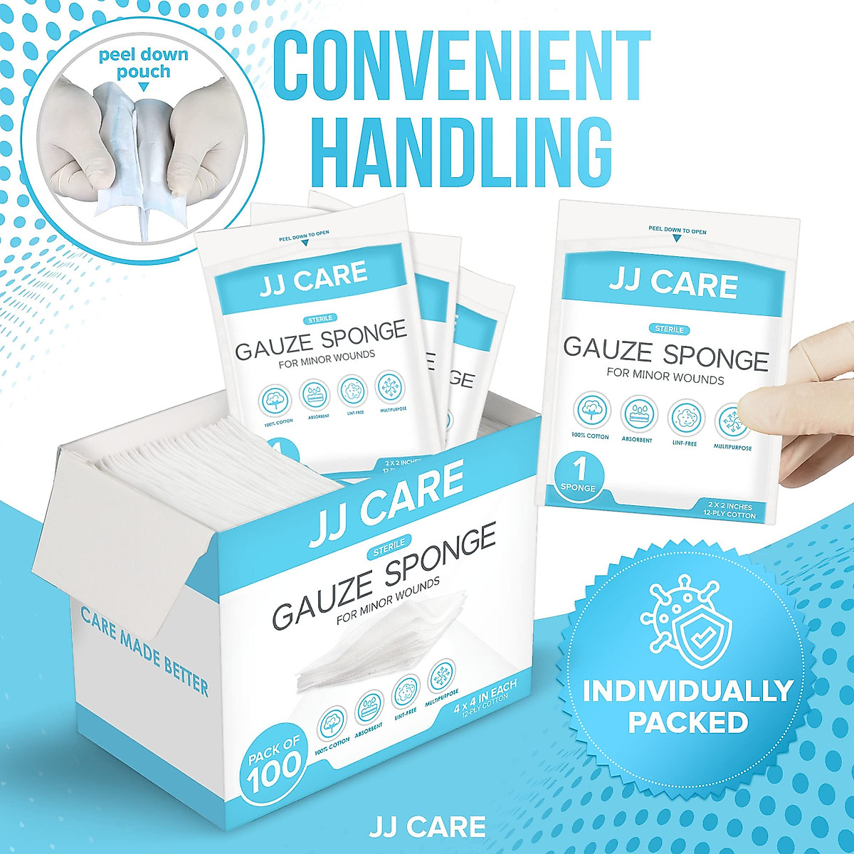 JJ CARE Sterile Gauze Pads 4" x 4" (Pack of 100), 12-Ply Cotton Gauze Pads, Individually-Wrapped Sterile Gauze Sponges, 100% Woven, Non-Stick Medical Gauze Pads for First Aid Kit & Wound Care