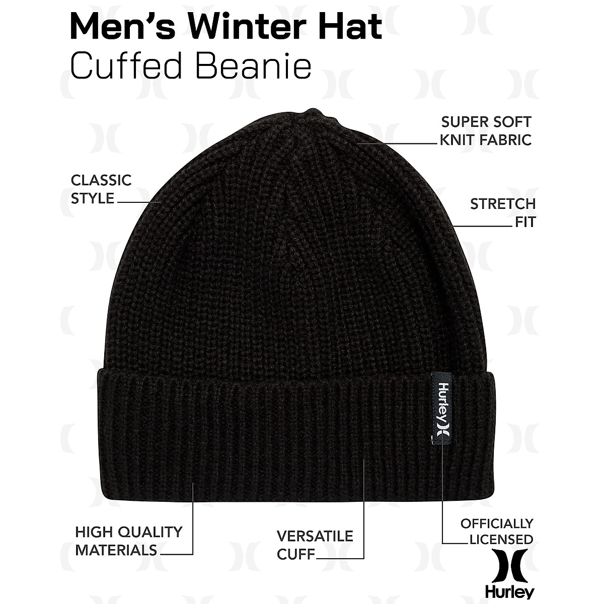 Hurley Men's Cuffed Beanie - Loose Knit Winter Hat, Size One Size, Black