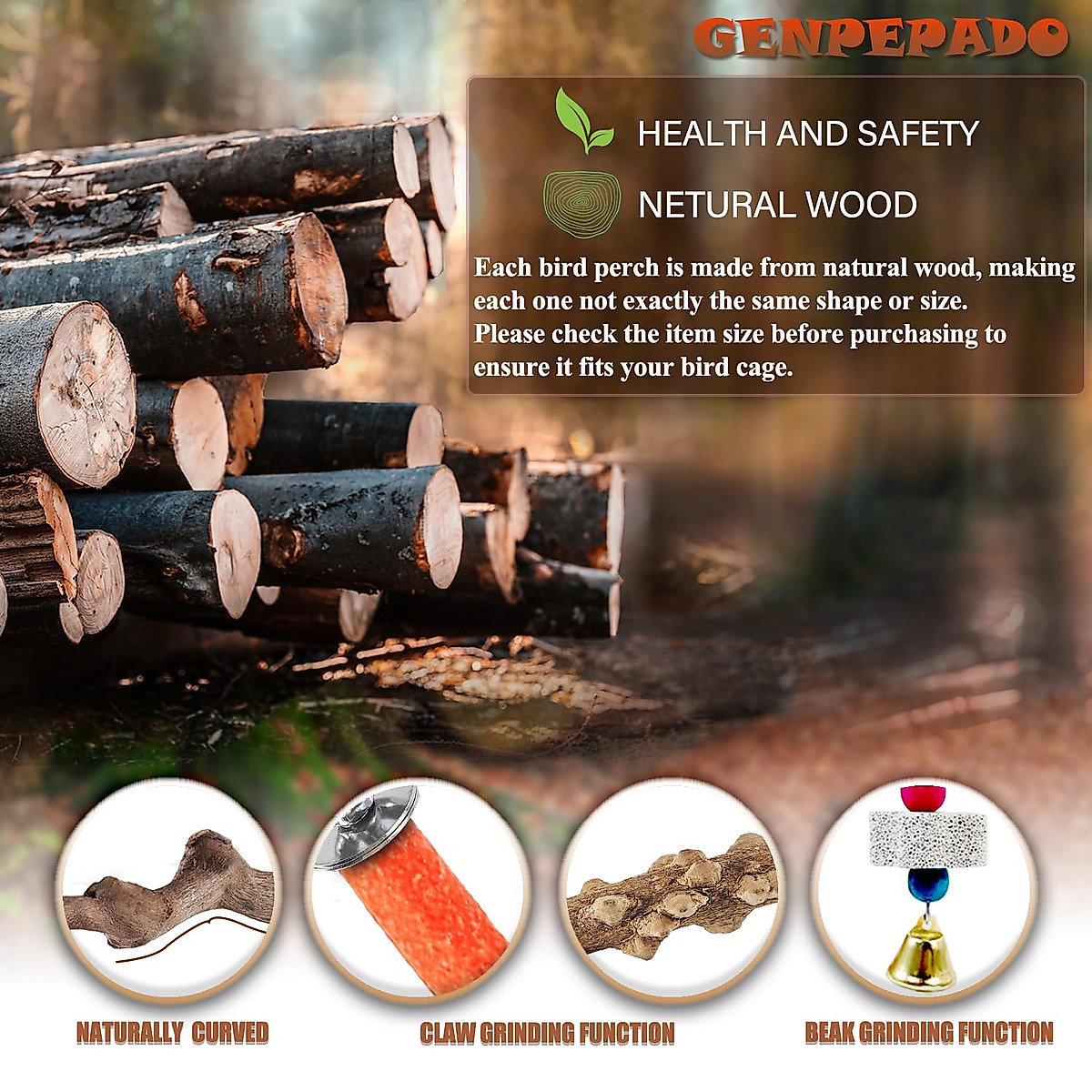 Natural Wood Bird Perch Hanging Branch for Parrot Climbing Training Perch Stand Platform Toy Cage Accessories for Small Parakeets, Cockatiels, Conures (7PCS)