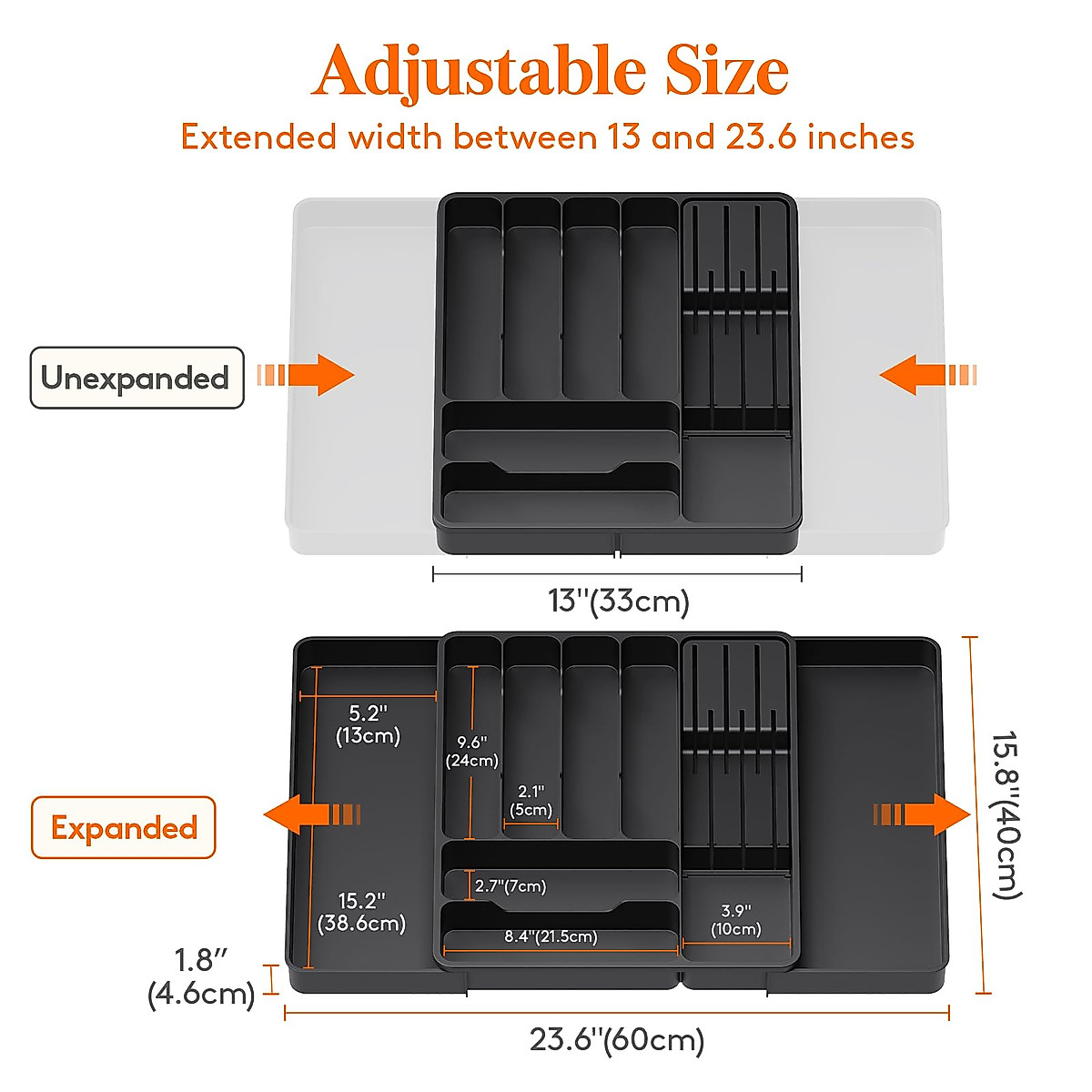 Lifewit Silverware Organizer for Kitchen Drawers, Expandable Utensil Tray with Removable Knife Block, Adjustable Cutlery and Flatware Holder, Plastic Spoon Forks Holder Storage Divider, Large, Black