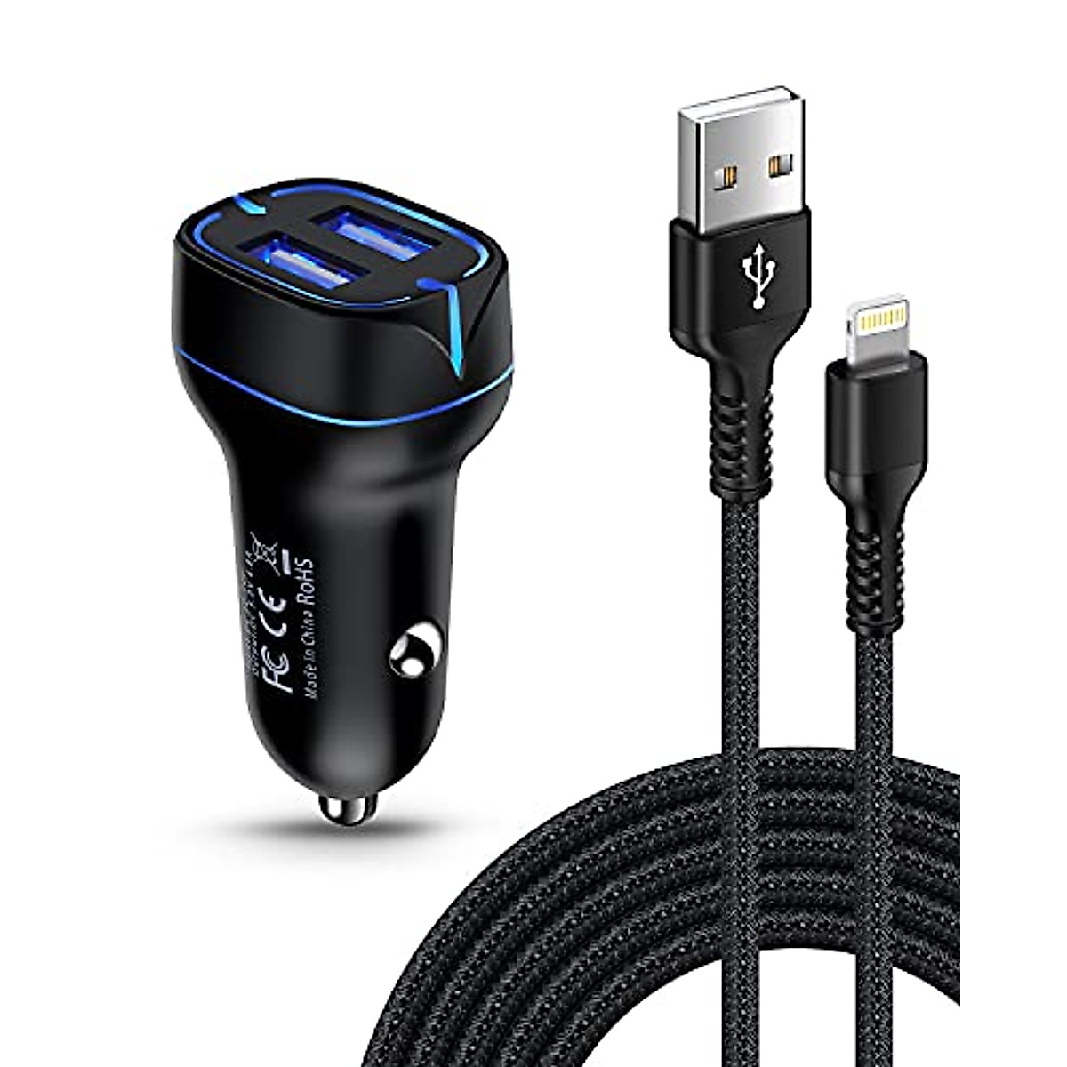 Car Phone Charger Lightning Cable Fast Charging Cargador for iPhone 14 13 12 Pro Max Mini 11Pro 10 SE X XR XS XS Max 8 7 6 Plus, Apple Lightening Wire 6FT+4.8A Dual Port USB Cigarette Lighter Adapter
