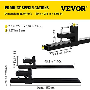 VEVOR Pallet Forks, 2000 Lbs Clamp on Pallet Forks 59" Total Length, Tractor Bucket Forks, Heavy Duty Pallet Forks for Tractor Attachments, Skid Steer, Loader Bucket