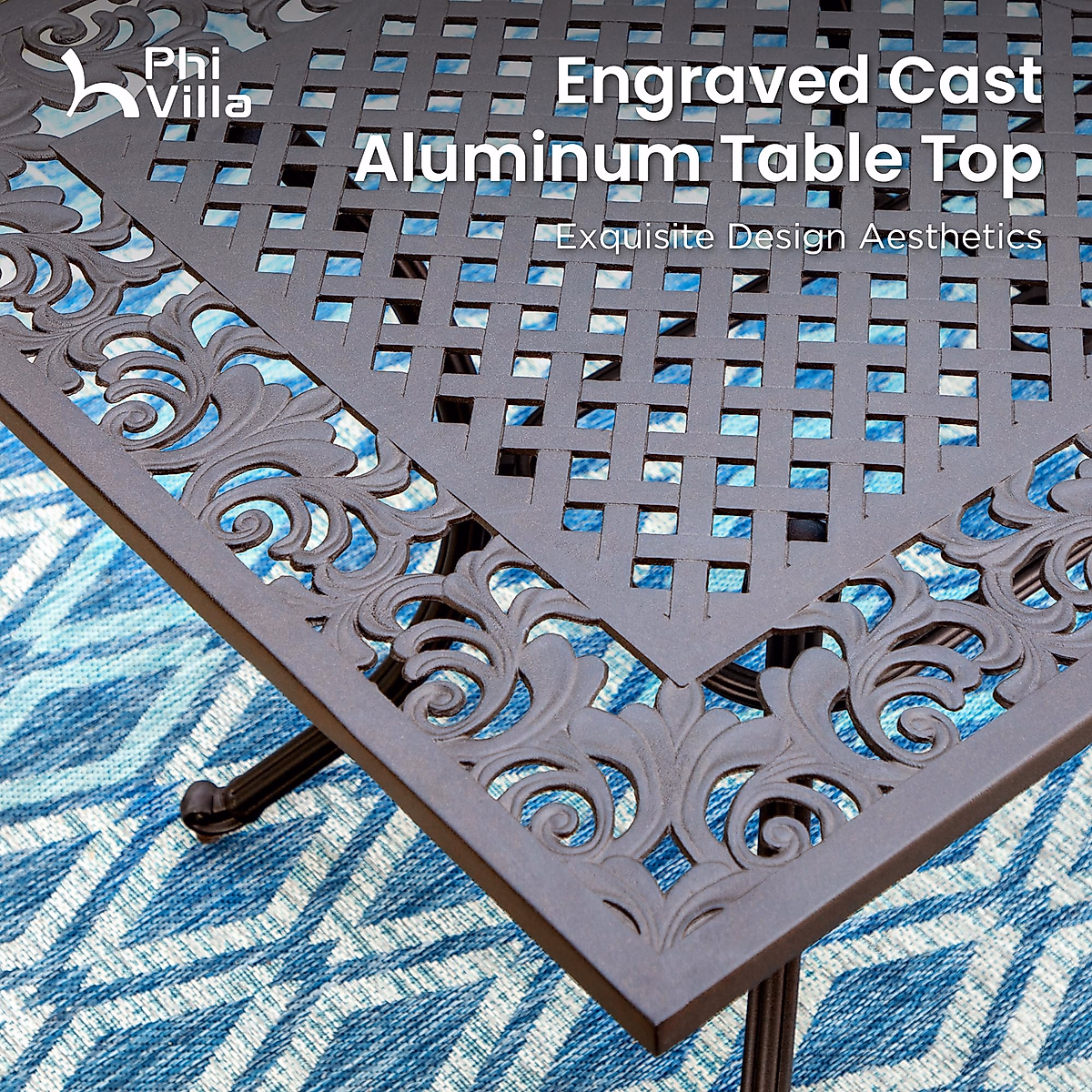 PHI VILLA Cast Aluminum Patio Dining Set for 6 Person, 7 Piece Outdoor Patio Set with 63" x 37.4" Cast-Top Aluminum Table(2.3" Umbrella Hole) and 6 Swivel Rockers Dining Chairs with Cushions