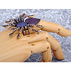 Alilang Stretchy Golden Tone Purple Rhinestones Heart Spider Tarantula Ring