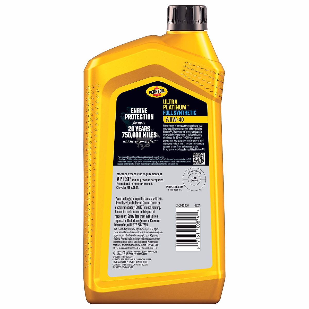 Pennzoil Ultra Platinum Full Synthetic 0W-40 Motor Oil, 1 Quart (6 Pack)