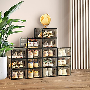 AISNDYOG Shoe Storage Box, 15 Pack Large Clear Plastic Black Stackable Shoe Organizer for Closet, Space Saving Foldable Shoe rack,Substitute for Drawer Organize Unit