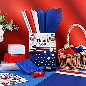 Bolsome 100 Sheets 20 * 14 Inches Red White Blue Silver Tissue Paper for Gift Wrapping, Patriotic Tissue Paper for Gift Bags for Veterans Day Christmas Party DIY Craft