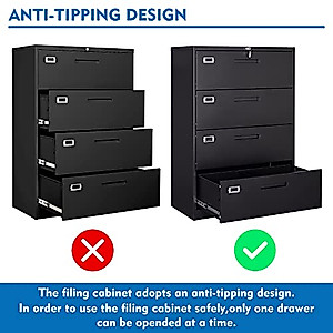 BYNSOE File Cabinet with Lock 4 Drawer Lateral File Cabinets for Legal/Letter A4 Size Metal Filing Storage Cabinet for Office Home Requires Assembly (4 Drawers, Black)