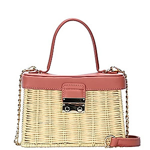 Top-Handle Structured Rattan Straw 2-Way Boxy Satchel Purse Handbag Crossbody (Rose)