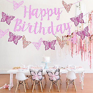 Vetwo Butterfly Birthday Decorations Pink Glitter Butterfly Happy Birthday Party Banner for Spring Butterfly Themed Gender Reveal Baby Shower 1st 2nd 3rd 4th Happy Birthday Party Supplies Decorations