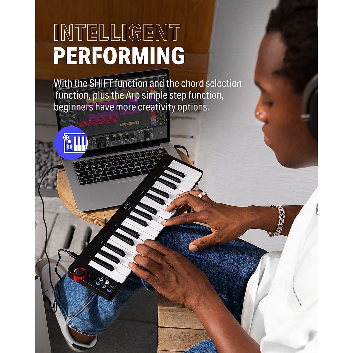 USB MIDI Keyboard Controller MINI 32-Key, Donner N-32 with Screen, Sequencer, Chord, Bend Sound Effects By Light-up Joystick for Mac/PC, Music Production Software, 40 Teaching Courses