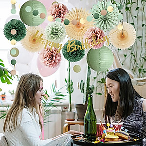Sage Green and Dusty Pink Birthday Decorations Paper Lanterns Sage Green Cream Paper Fans Dusty Rose Tissue Paper Pom Poms Sage Green Pink Birthday with Happy Birthday Banner Gold for Girls Women