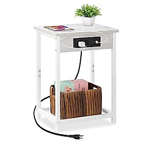 melos Nightstands with Charging Station, 2 Tier Bedside Table with USB Ports and Outlets, Narrow End Table with Storage Shelf, Side Tables for Bedroom, Living Room, Light Maple White