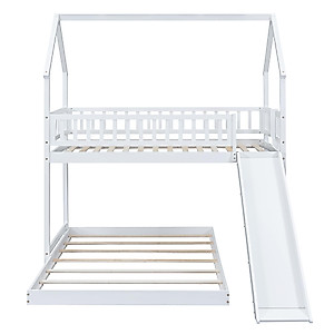 Harper & Bright Designs House Bunk Bed with Slide, Wood Twin Over Full L-Shape Bunk Bed Frame with Roof, Full-Length Guardrail, Built-in Ladder for Kids Teens, No Spring Box Required (White)