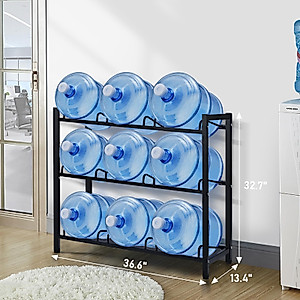 9-Tray Water Jug Rack, Storage 5 Gallon Water Cooler Bottle Holder Stand, 3-Tier Heavy Duty Carbon Steel 5 Gal Water Bottle Organizer for Home, Office, Kitchen, Warehouse, Black