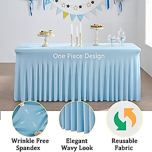 Htper 2 Pack Baby Blue Spandex Table Clothes for 6 Foot Rectangle Tables, Wrinkle Free Fitted Table Cover 6ft Stretch Tablecloths with Skirt for Parties Weddings Birthday Banquet Baby Shower