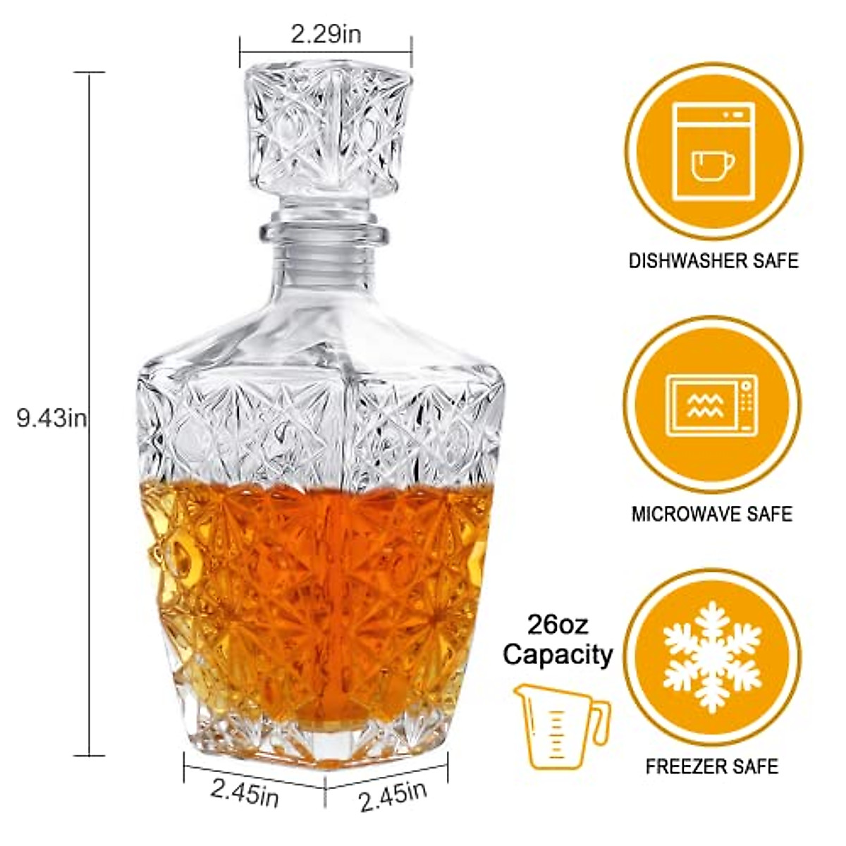 Cadamada Glasses Decanter,26 oz Diamond Pattern Wine Bottle with Lid,Delicate Decanter Set-for Tequila, Brandy, Scotch and Vodka, Gift Giving, Bar and Party Decoration (3pcs)