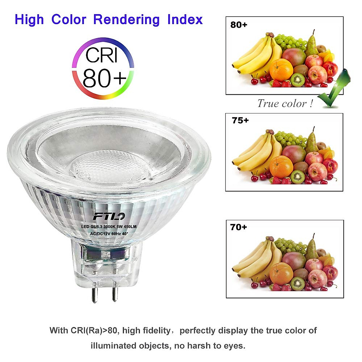 FTL MR16 LED Light Bulbs 3000K Warm White AC/DC 12V Non Dimmable Glass Cover 5W 500lm GU5.3 Spotlight 50W Halogen Replacement for Track Lighting and Outdoor Landscape 6-Pack