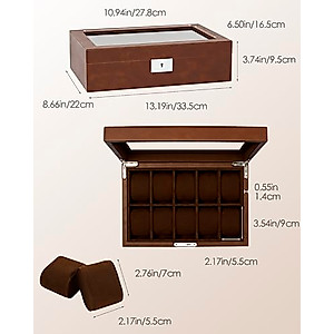 GUKA Watch Box, Luxury 10 Slot Watch Case with 55MM Wide Velvet Pillows, Watch Organizer Storage with Real Glass Lid, Watch Display Case for Men and Women Gift, Brown