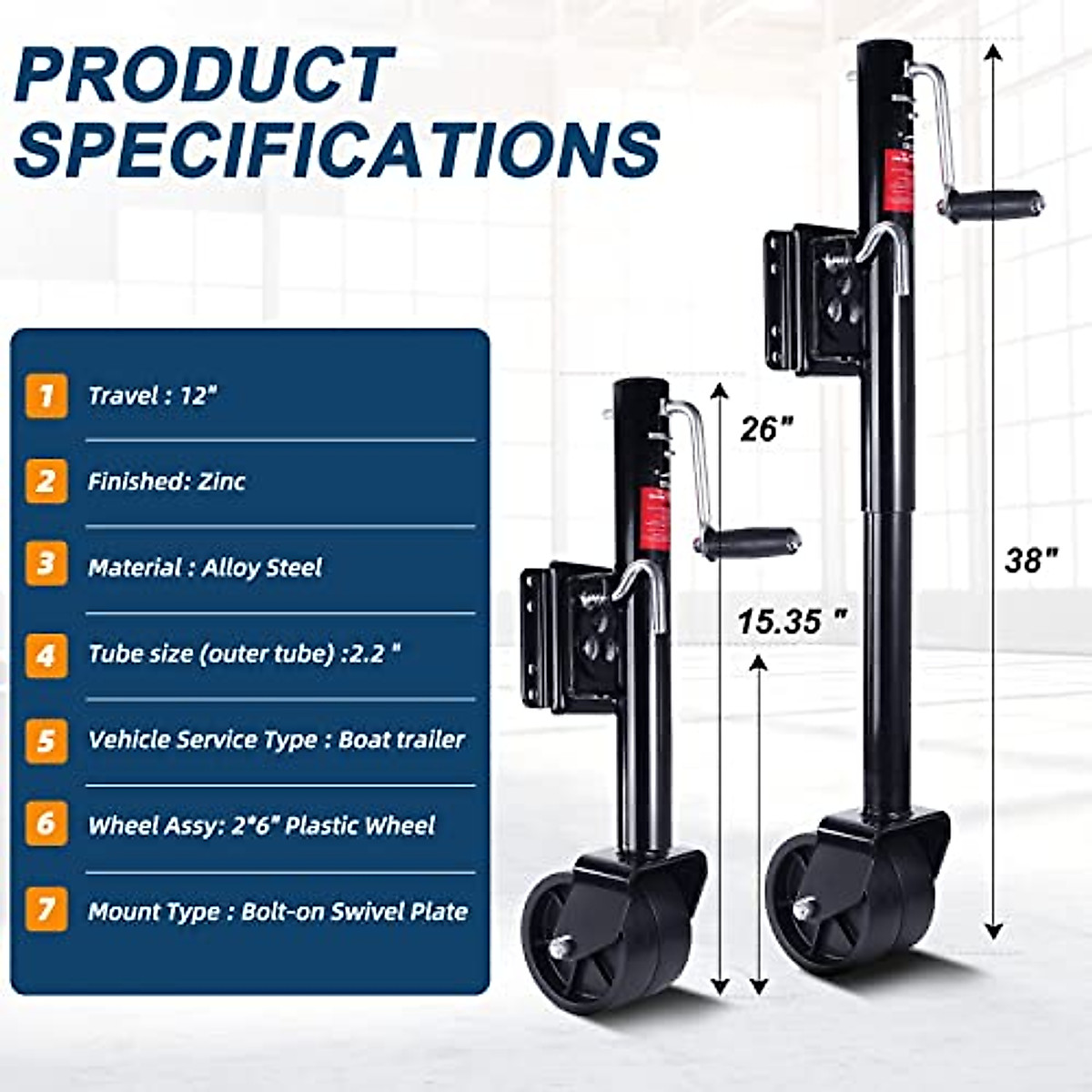 FZZD 2000lbs Trailer Jack with Wheel, Heavy Duty Swivel Boat Trailer Jack, 12" Lift, for RV Boat