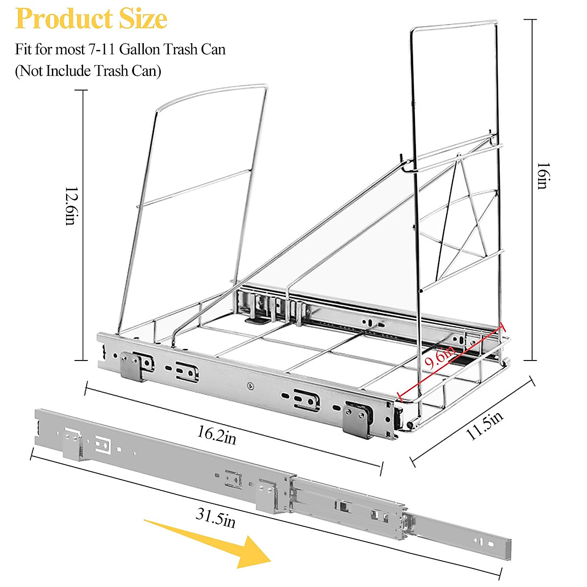 Pull Out Trash Can Under Cabinet Slider, Under Counter Trash Can Pull Out with Garbage Bag Holder, Under Sink Trash Can Pull Out for 7-11 Gallon Garbage Cans, Up to 100 lb (Not Include Trash Can)